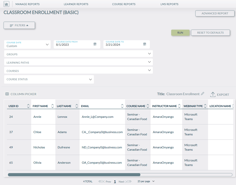 Course Reports - Classroom Enrollment